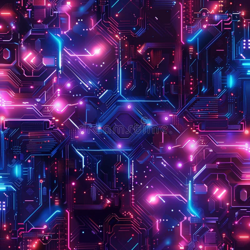 Futuristic Cyberpunk Circuit Board with Glowing Neon Elements Stock ...