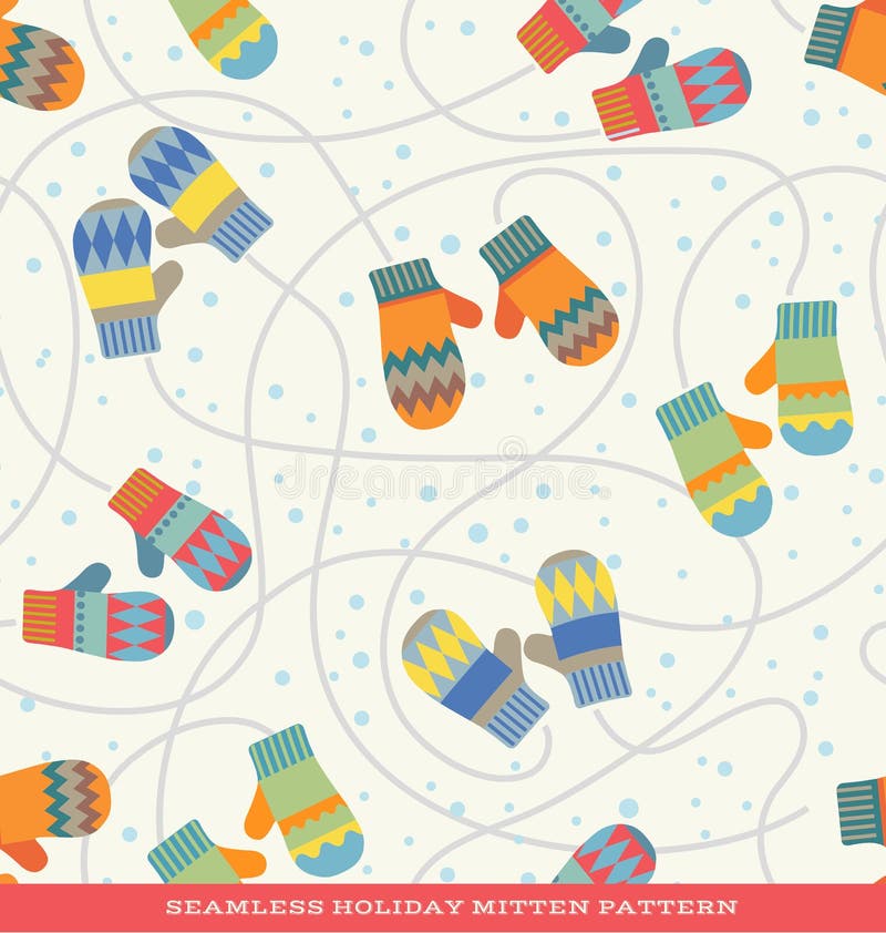 Seamless Holiday Pattern with Colorful Mittens and Snow Stock Vector ...