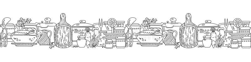 Seamless Horizontal Border with Kitchen Utensils and Vegetables. Vector ...