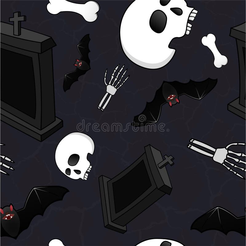 Seamless Horror Style Vector Pattern with Bones, Skulls, Bats and ...