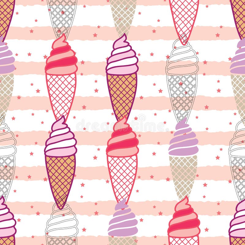 Seamless Ice Cream Pattern on Pink Stripes and Stars Stock Vector ...