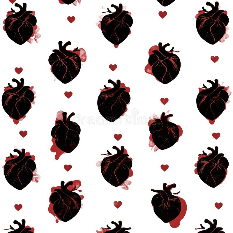 Seamless Illustration Featuring Black Anatomical Hearts with Red ...