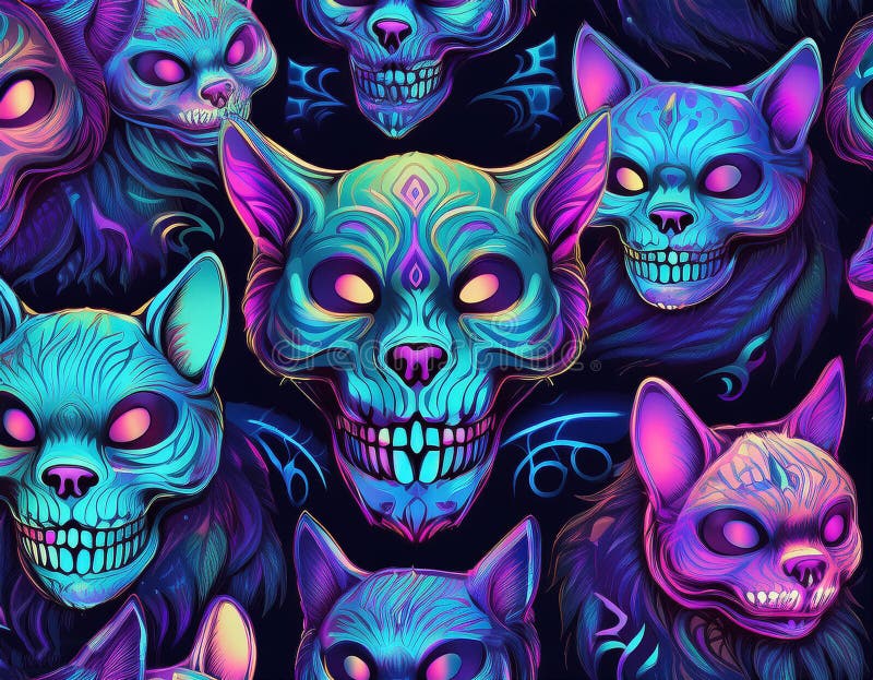 Seamless Illustration of Neon Bright Cat Skulls - Generated by Ai Stock ...