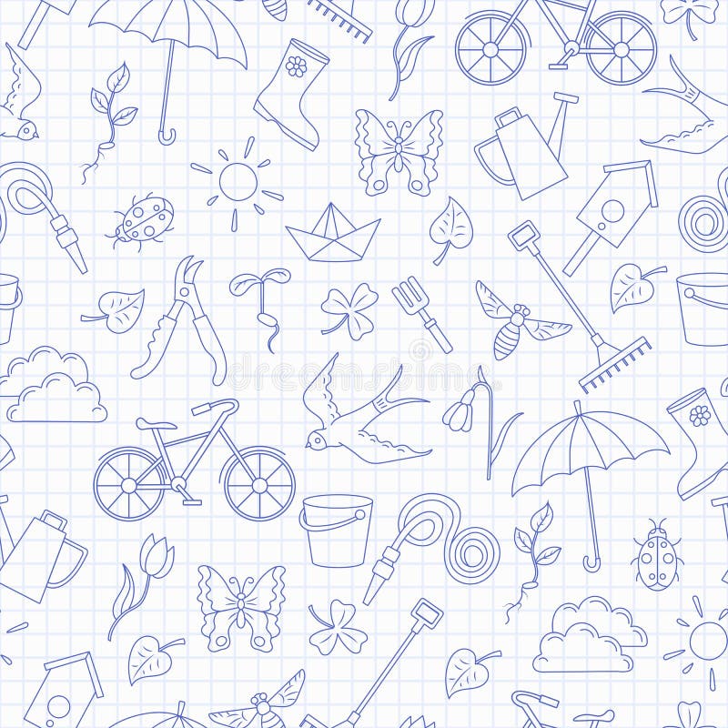 Seamless Illustration with Simple Contour Icons on the Theme of Spring ...