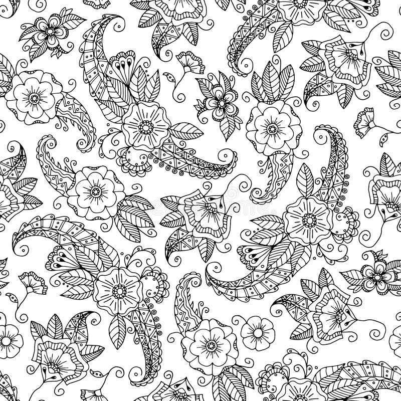 Seamless Indian Paisley Pattern Black And White Illustration For