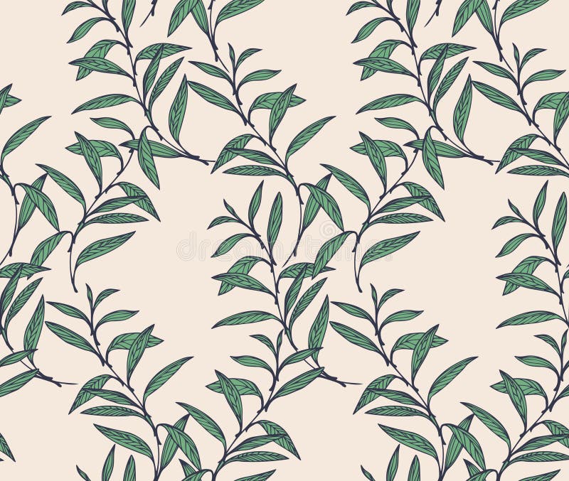 Seamless Intertwined Green Branches Leaves Pattern on a Light Beige ...