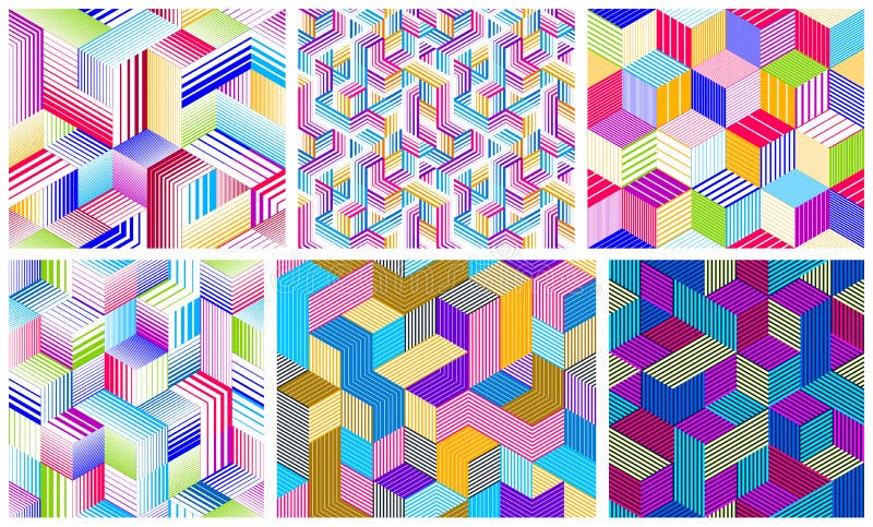 Seamless Isometric Lines Geometric Patterns Set, 3D Cubes Vector Tiling ...