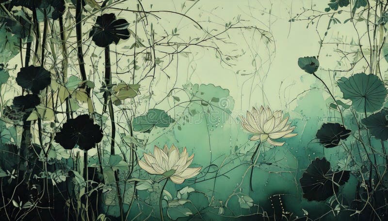 Seamless Japanese Nature Pattern with Bamboo and Lotus in Ink Stock ...