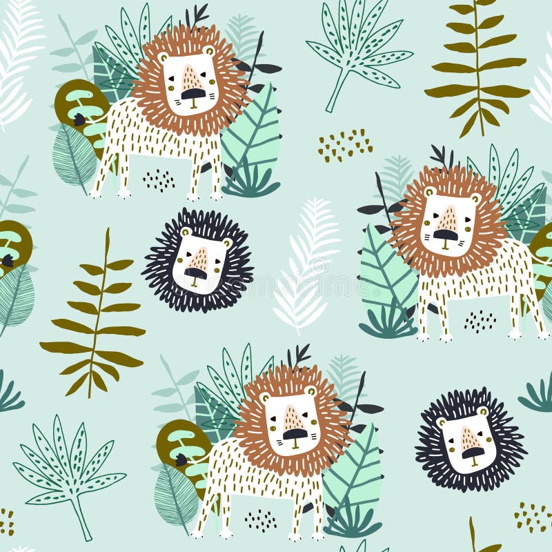 Seamless Jungle Pattern with Funny Lions and Tropical Elements ...