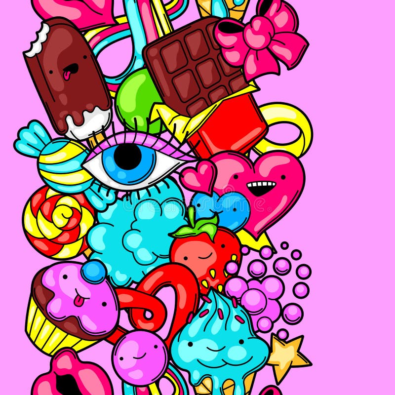 Seamless Kawaii Pattern with Sweets and Candies. Crazy Sweet-stuff in ...