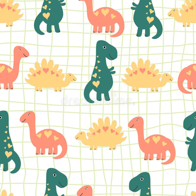 Seamless Kids Pattern Dinosaurs with Heart on Grid Background Stock ...
