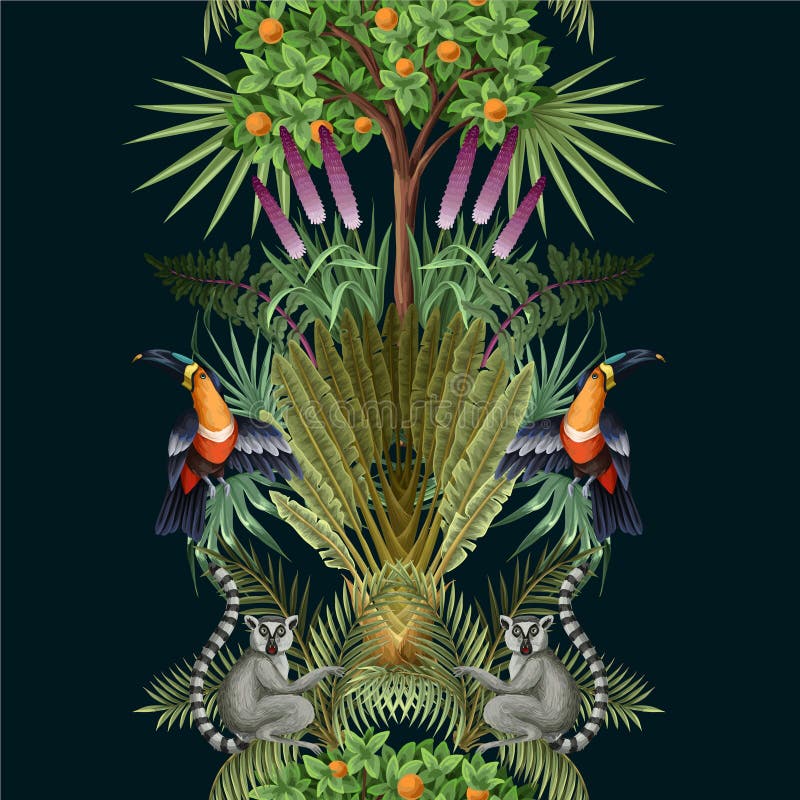 Seamless Kids Pattern with Jungle Trees and Animals. Vector. Stock ...