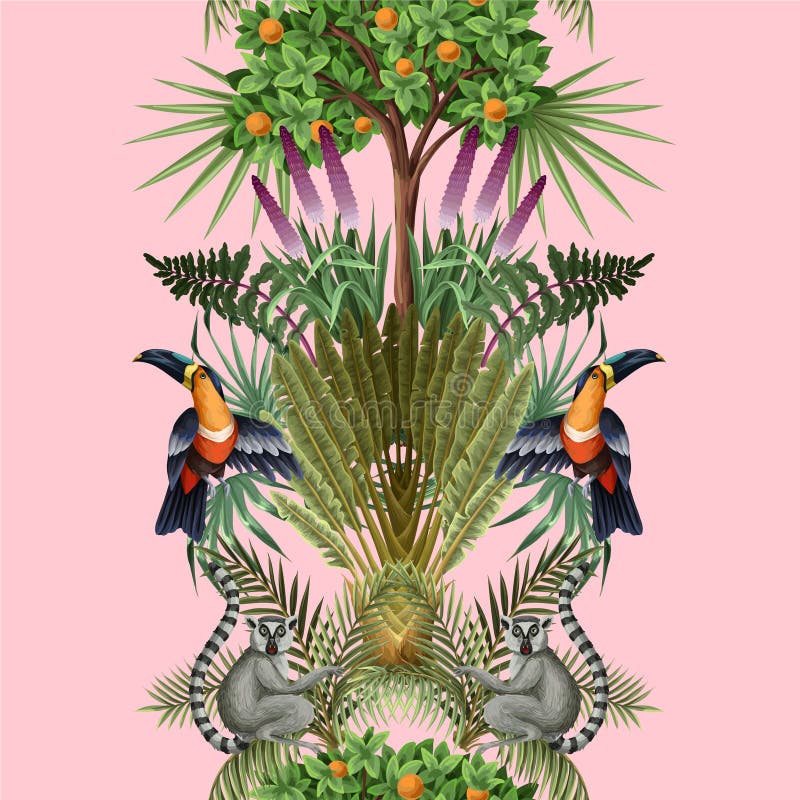 Seamless Kids Pattern with Jungle Trees and Animals. Vector. Stock ...