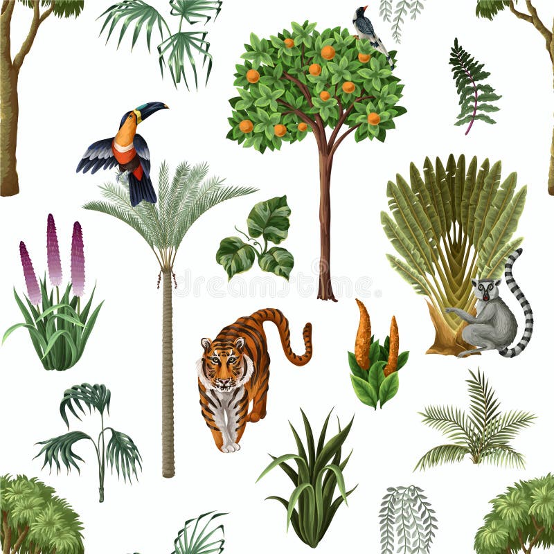 Seamless Kids Pattern with Jungle Trees and Animals. Vector. Stock ...