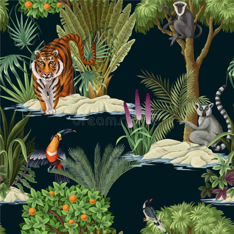 Seamless Kids Pattern with Jungle Trees and Animals. Vector. Stock ...