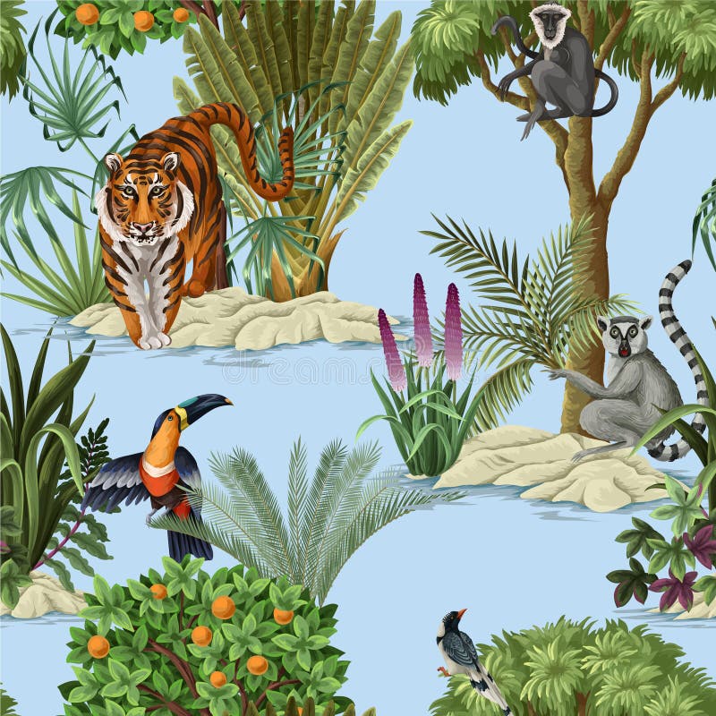 Seamless Kids Pattern with Jungle Trees and Animals. Vector. Stock ...