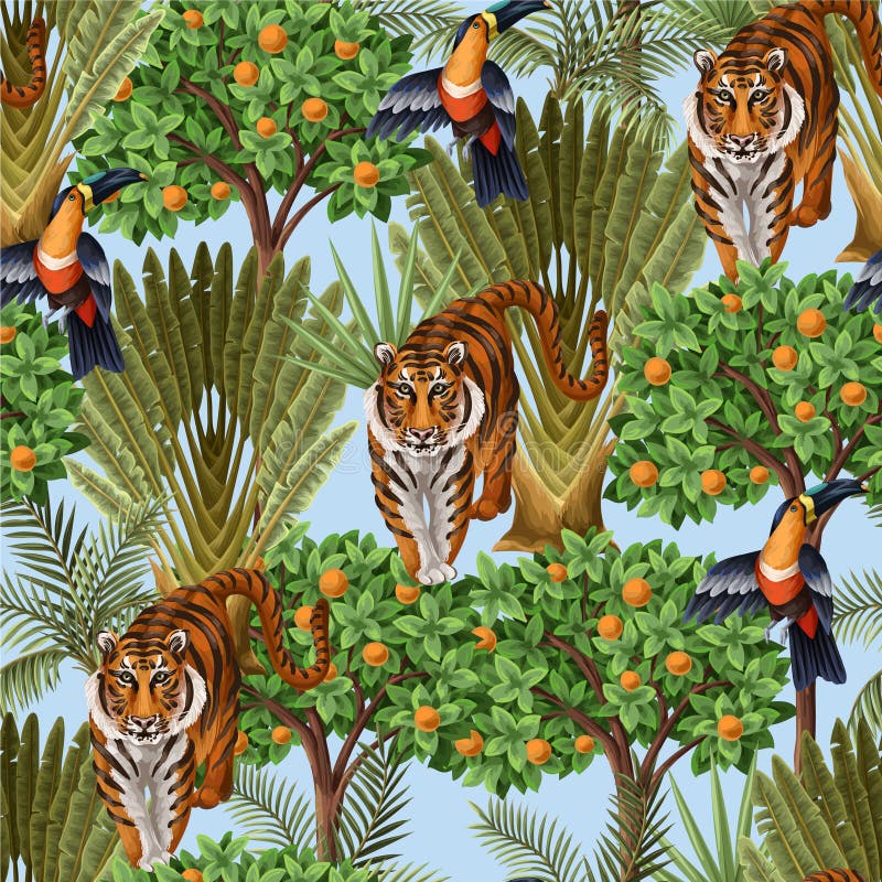 Seamless Kids Pattern with Jungle Trees and Animals. Vector. Stock ...