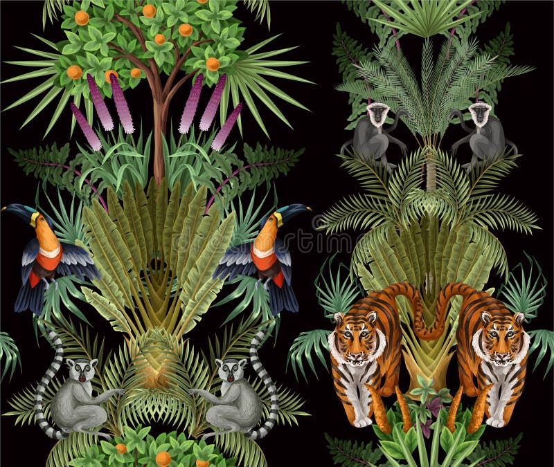 Seamless Kids Pattern with Jungle Trees and Animals. Vector. Stock ...