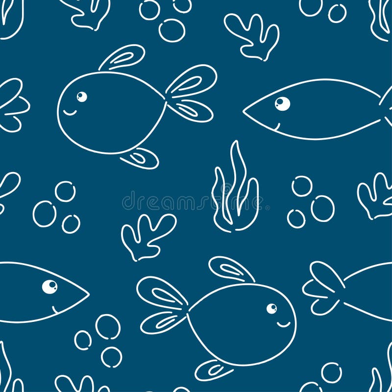 Seamless Kids Print, Pattern of White Friendly Fish, Bubbles, and ...