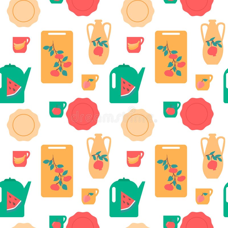 Seamless Kitchen Dishes Pattern Isolated Vector Illustration. Stock Vector - Illustration of ...