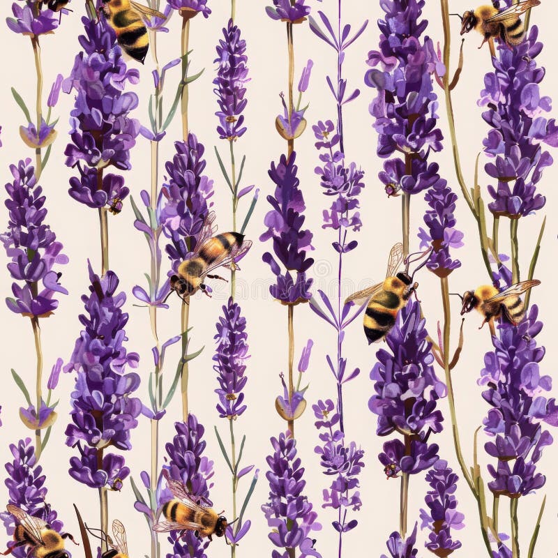 Seamless Lavender Field Pattern â€ Blooming Stalks and Buzzing Bees Stock Photo - Image of field ...