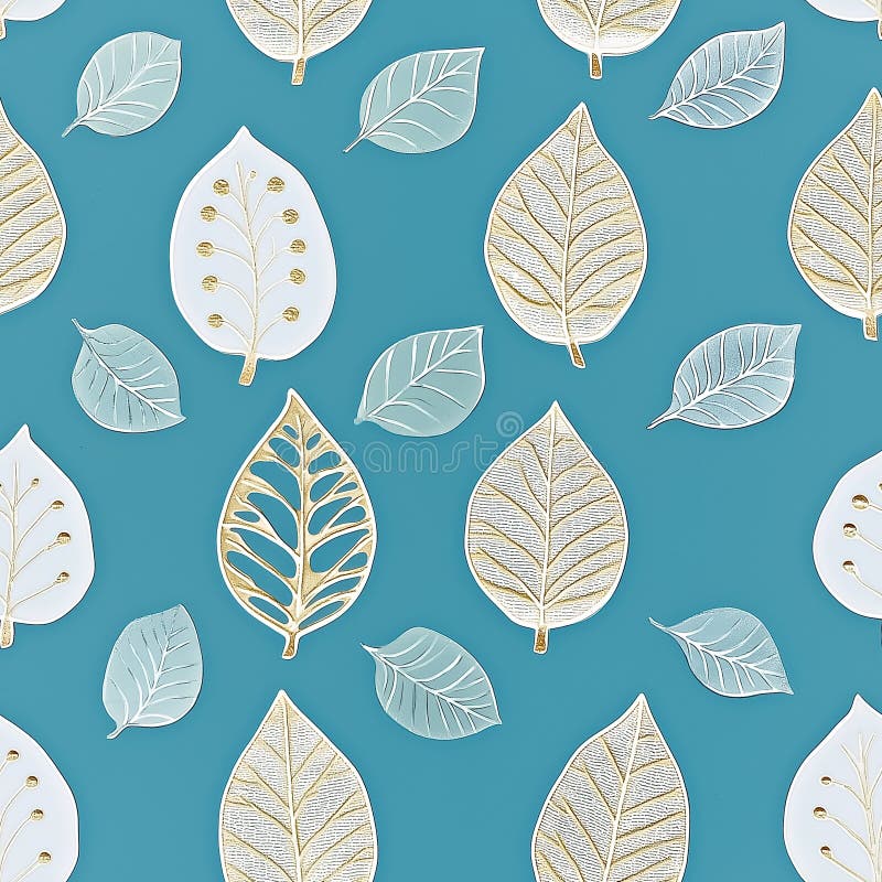 Seamless Leaf Pattern Design with Blue, White and Gold Leaves on Teal ...