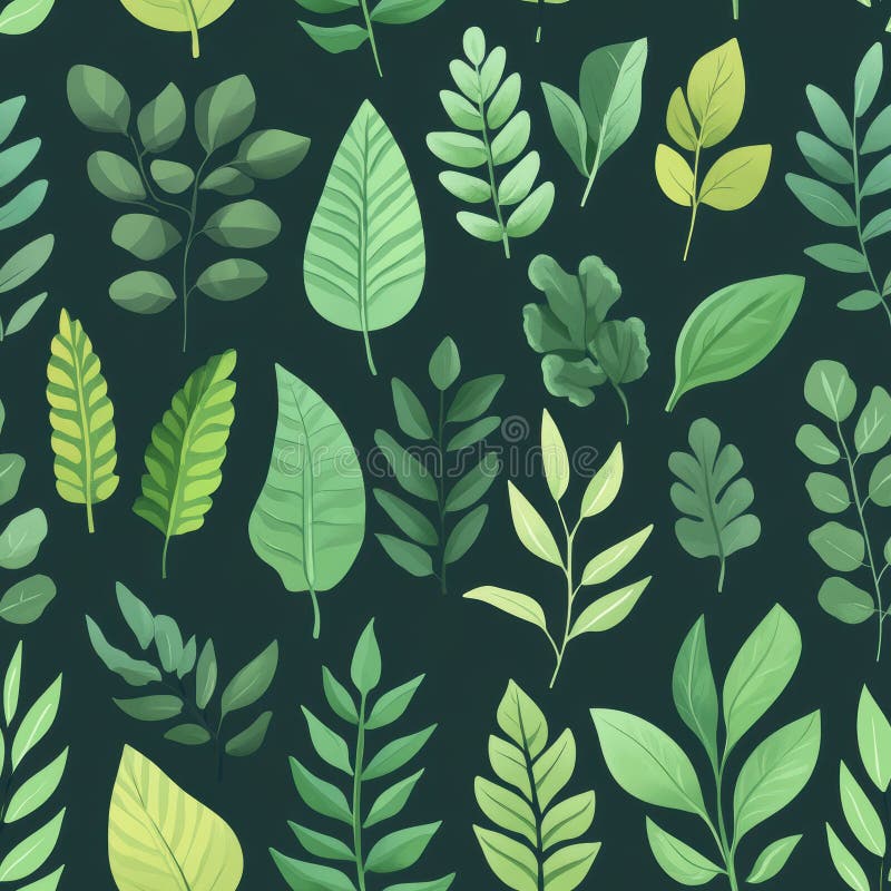 Seamless Leafy Green Pattern Featuring Various Leaf Shapes on Dark ...