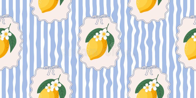 Seamless Lemons Pattern on Blue and White Wavy Stripes. Summer ...