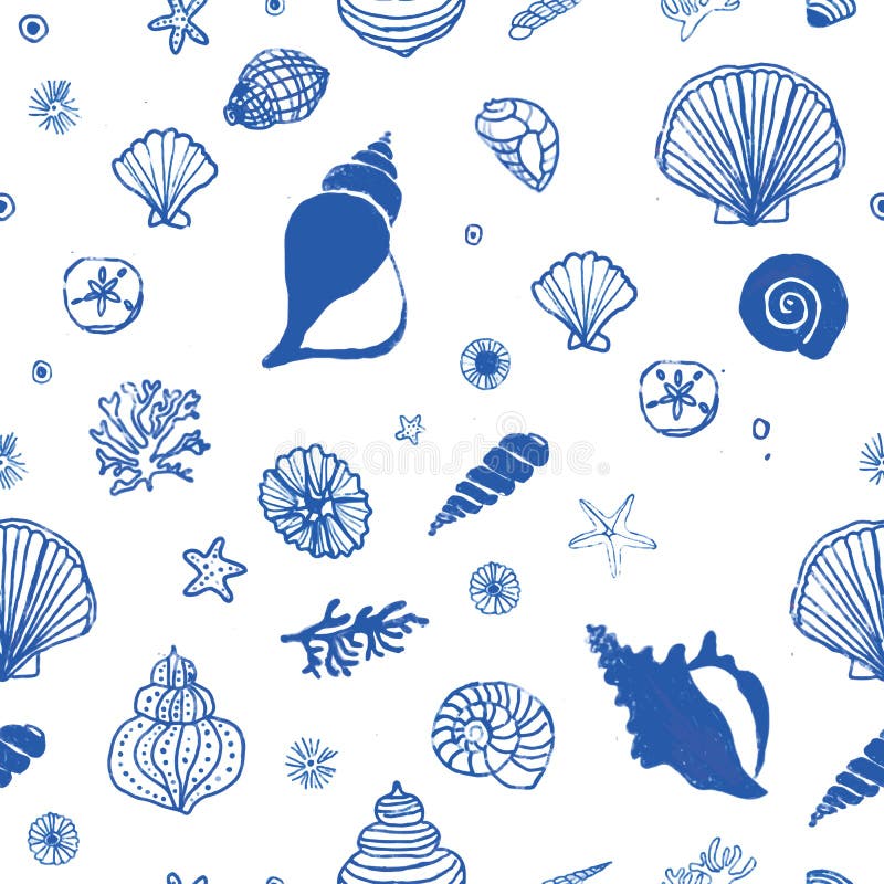 Seamless Light Blue Sea Shells and Starfish Pattern. Repeating Vector ...