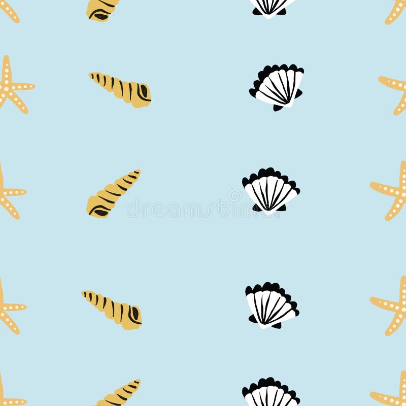 Seamless Light Blue Sea Shells and Starfish Pattern. Repeating Vector ...