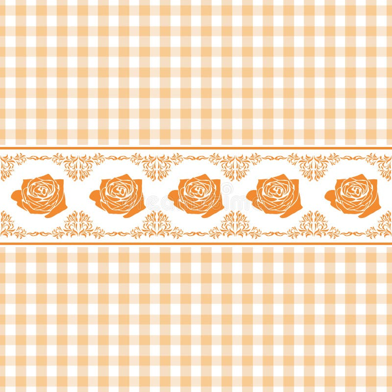 Seamless Light Orange Checkered Background with Stylized Roses Stock ...