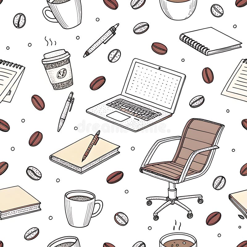 Seamless Line Art Pattern of Coffee and Office Essentials Stock Illustration - Illustration of ...