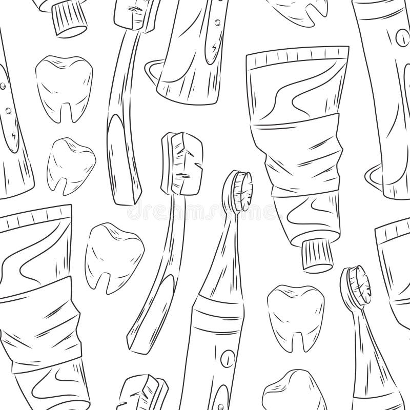 Seamless Line Black and White Vector Pattern with Hand Drawn Dental ...