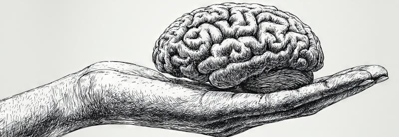 A Seamless Line Drawing Depicting a Hand and a Human Brain, Symbolizing ...
