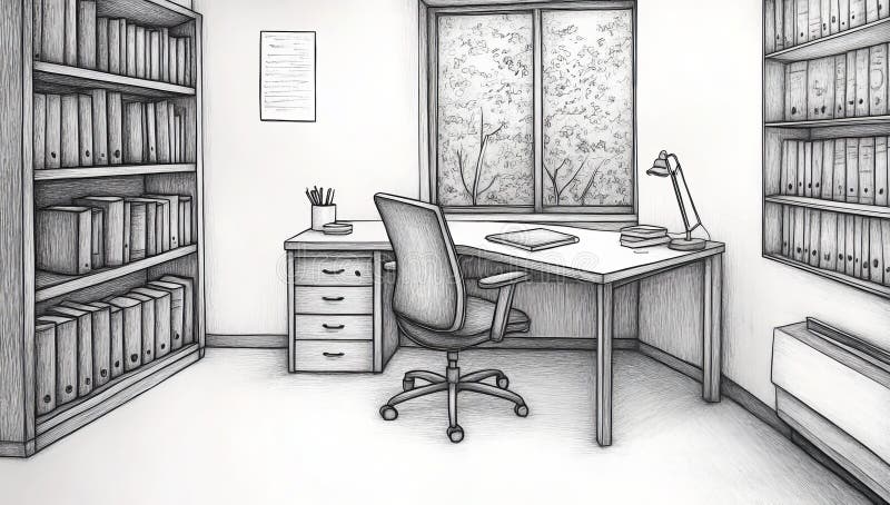 A Seamless Line Drawing of an Office Desk, Including a Desktop and ...