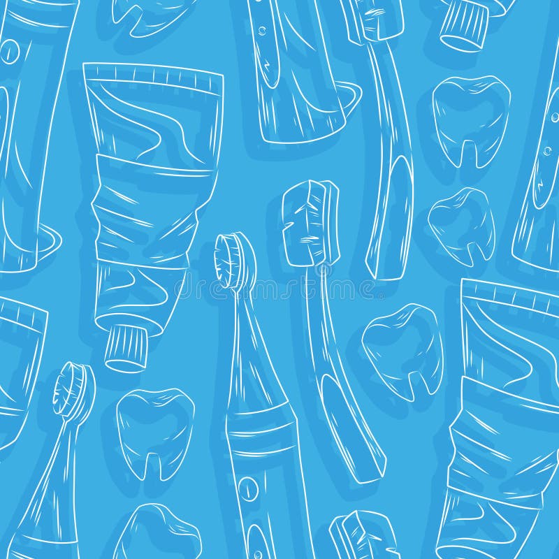Seamless Line Sketch Vector Pattern with Hand Drawn Dental Care Items, Toothbrushes, Toothpaste ...