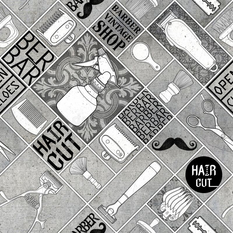 Seamless Long Pattern Barber Tools Shop Vintage Icon Set Logo. Stock ...