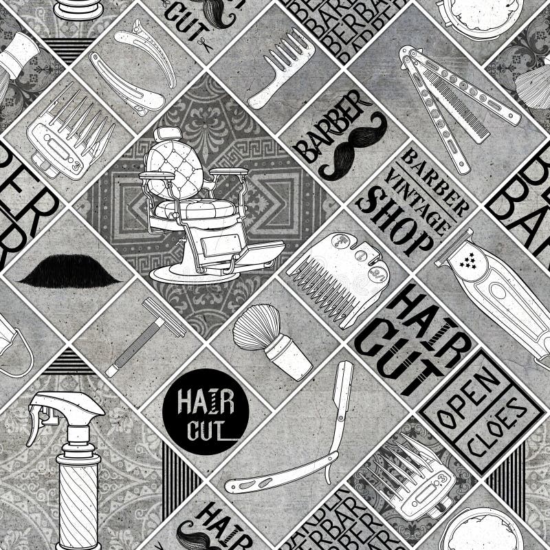 Seamless Long Pattern Barber Tools Shop Vintage Icon Set Logo. Stock ...