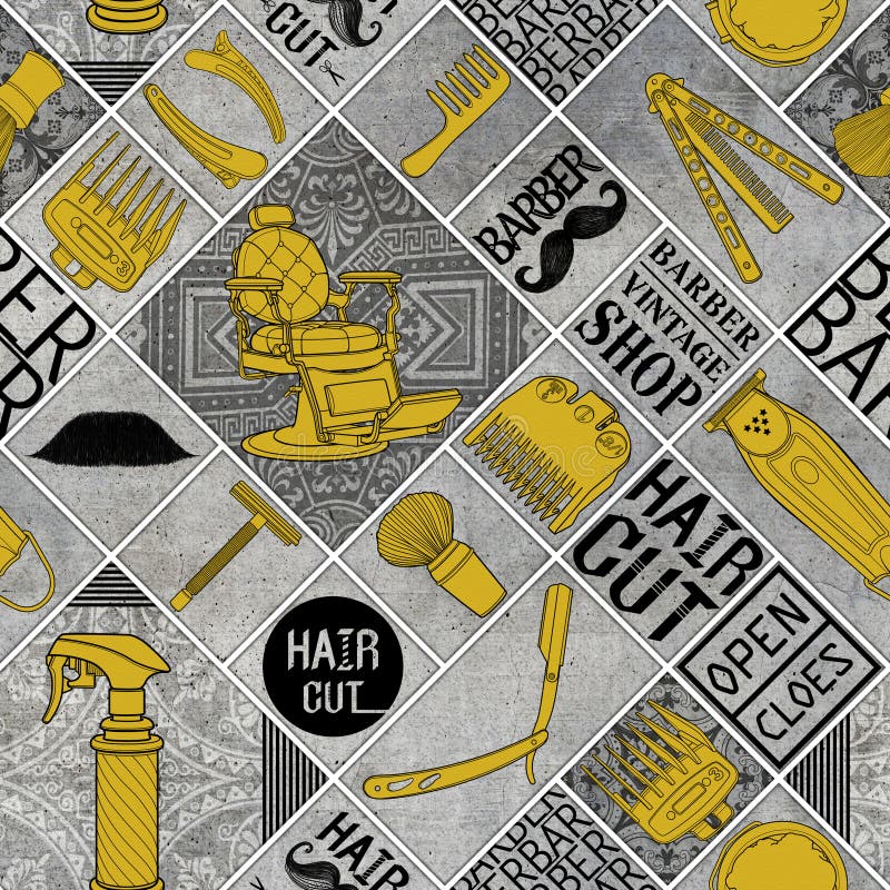 Seamless Long Pattern Barber Tools Shop Vintage Icon Set Logo. Stock ...