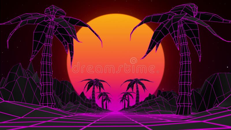 Seamless Loop Animation of Synthwave Landscape with Pink Neon Lights ...