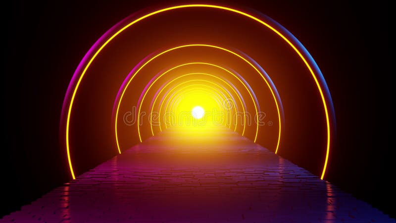 Seamless Loop of Cobblestone Path with Neon Arches and Dazzling Sunset ...
