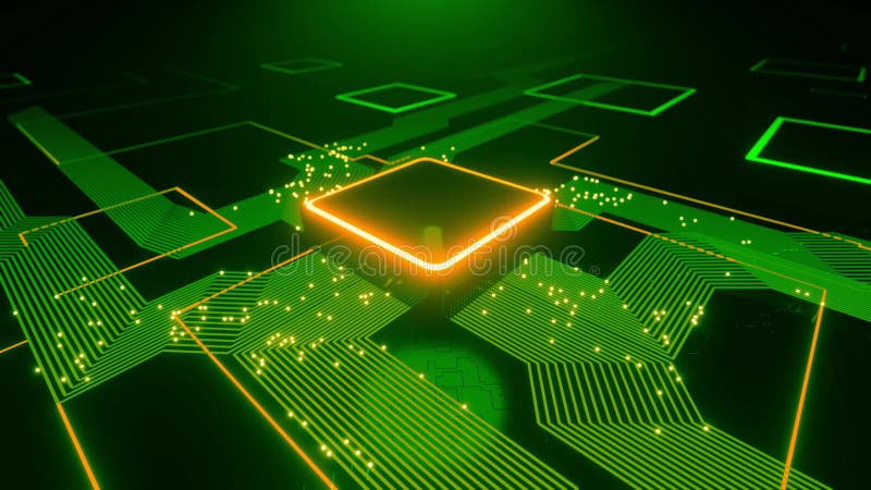 Seamless Loop High Tech CPU Processing Data 3D Animation Green Color. Signals from the Chip are ...