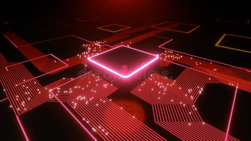 Seamless Loop High Tech CPU Processing Data 3D Animation. Signals from the Chip are Flowing. Red ...