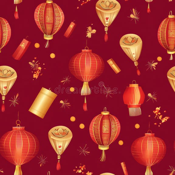 A Seamless Lunar New Year Pattern Featuring Red Lanterns, Gold Ingots ...