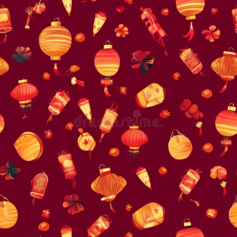 A Seamless Lunar New Year Pattern Featuring Red Lanterns, Gold Ingots ...