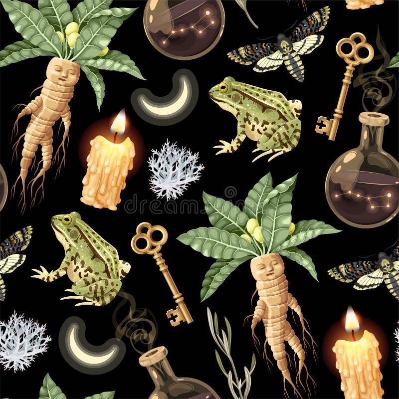 Magic Seamless Pattern with Glass Flask and Candle Stock Vector ...