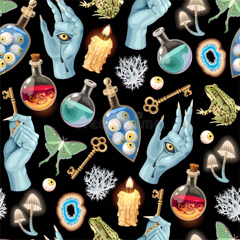 Magic Seamless Pattern with Glass Flask and Candle Stock Vector ...