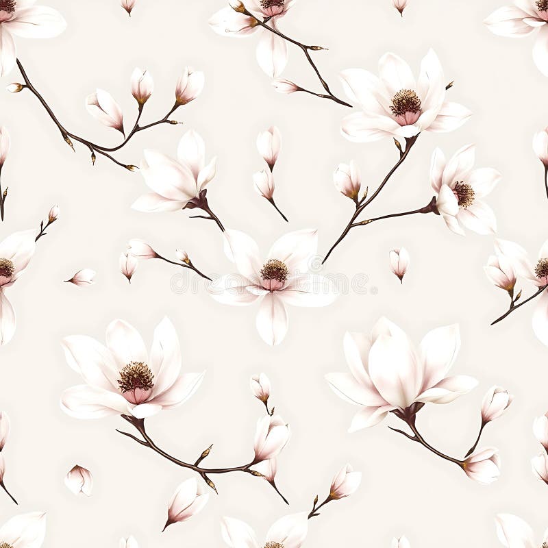 A Seamless Magnolia Pattern with White Blossoms on a Pale Gray Backdrop ...