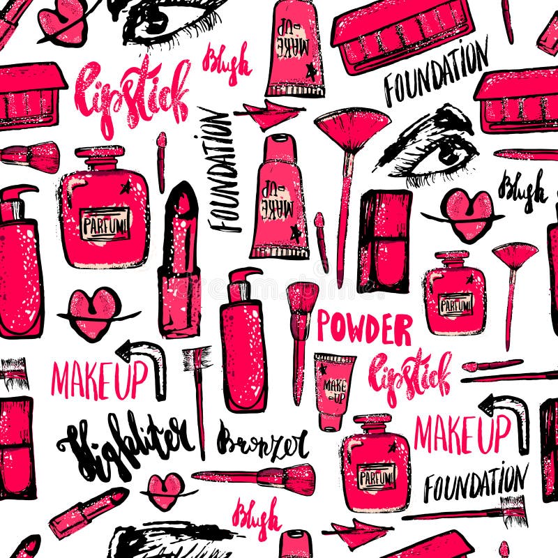 Seamless Makeup Pattern. Glamorous Makeup Pattern with Nail Polish and ...