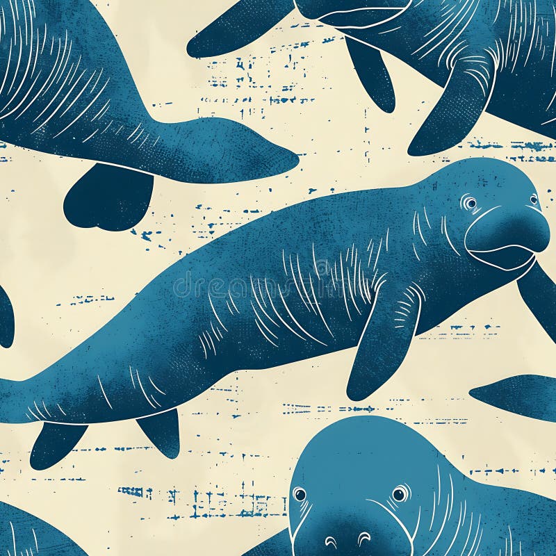 Seamless Manatee Ocean Pattern Stock Illustration - Illustration of ...
